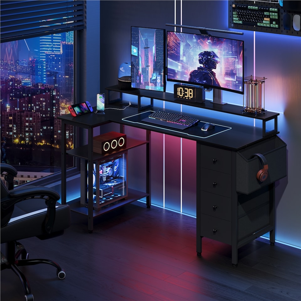 Yaheetech 140 cm L-shaped Computer Desk with Charging Station-Black ...