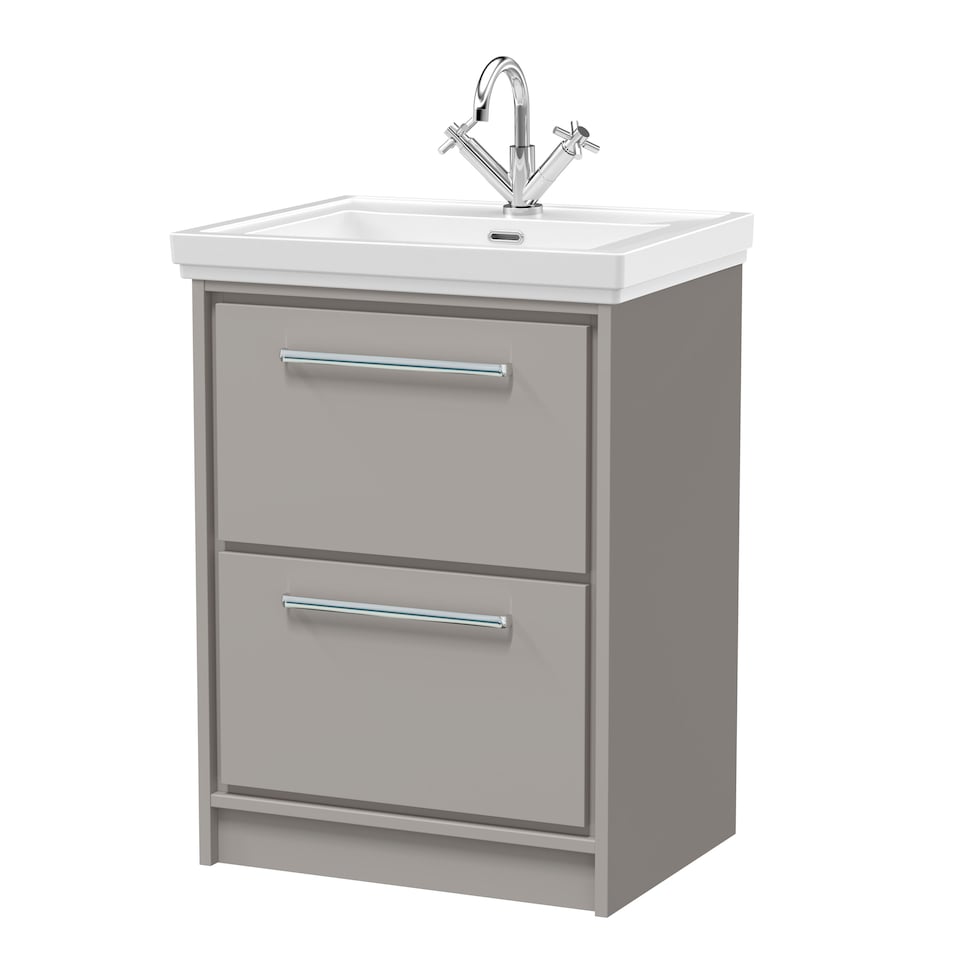 Bathroom Floor Standing 2-Drawer Vanity, Fireclay Basin, Grey, 600mm ...