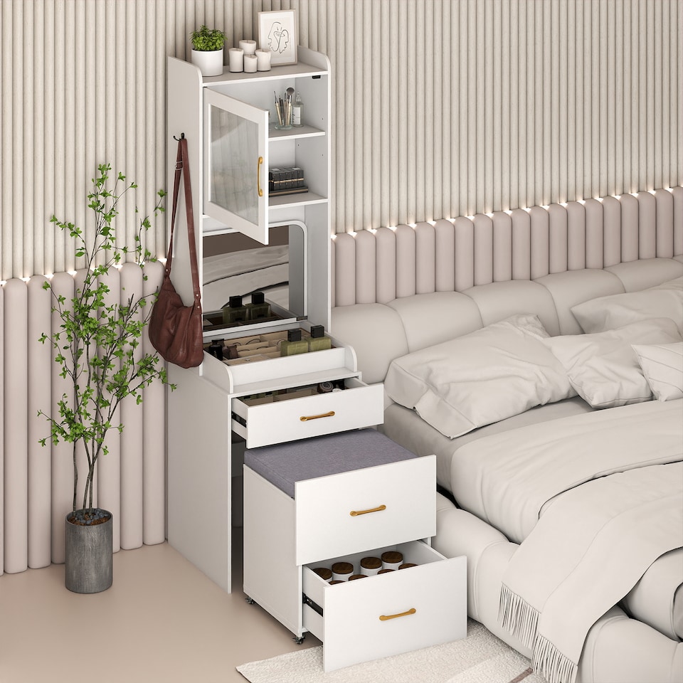COSTWAY Vanity Desk with Movable Storage Stool Flip up Mirror White ...