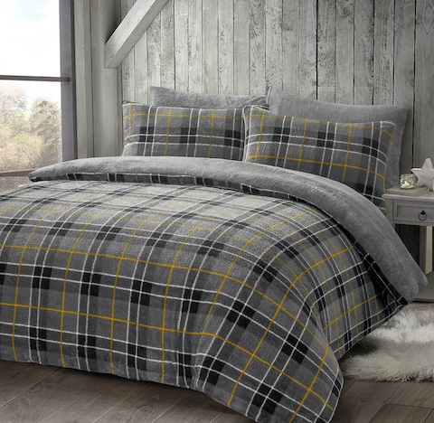 Homes Linen Teddy Bear Fleece Tartan Grey Check Duvet Cover With Soft ...