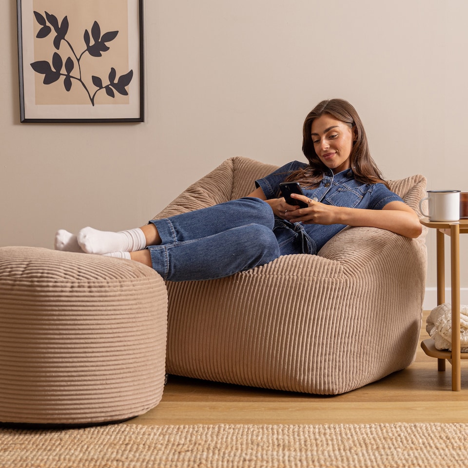 Icon Soul Slouch-chair & Round Footstool Beanbag Jumbo Cord Dawn Mocha ...