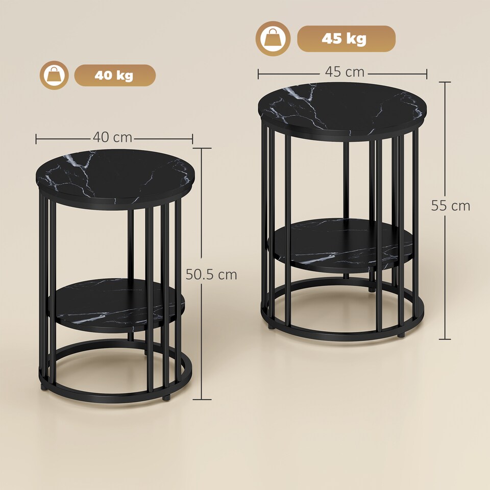 HOMCOM Round Coffee Table Set of 2, Marble-Effect Side Tables with ...