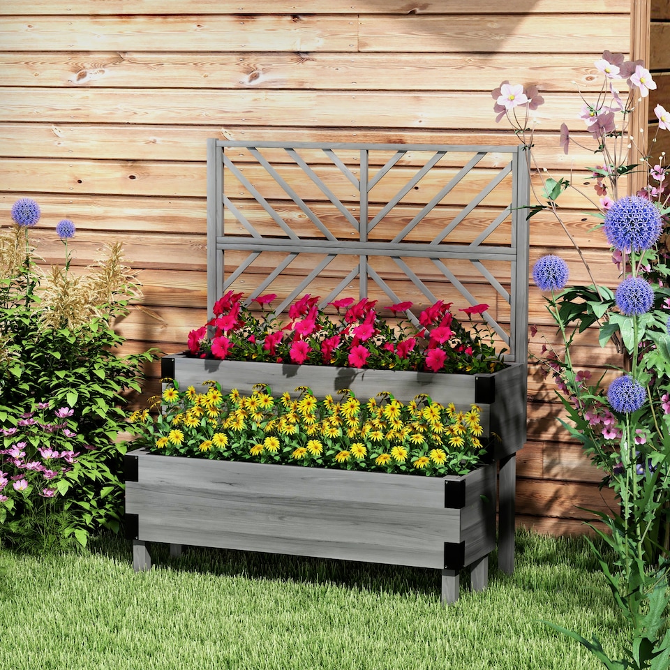 Outsunny 2-Tier Raised Garden Bed with Trellis, Wooden Elevated Planter ...
