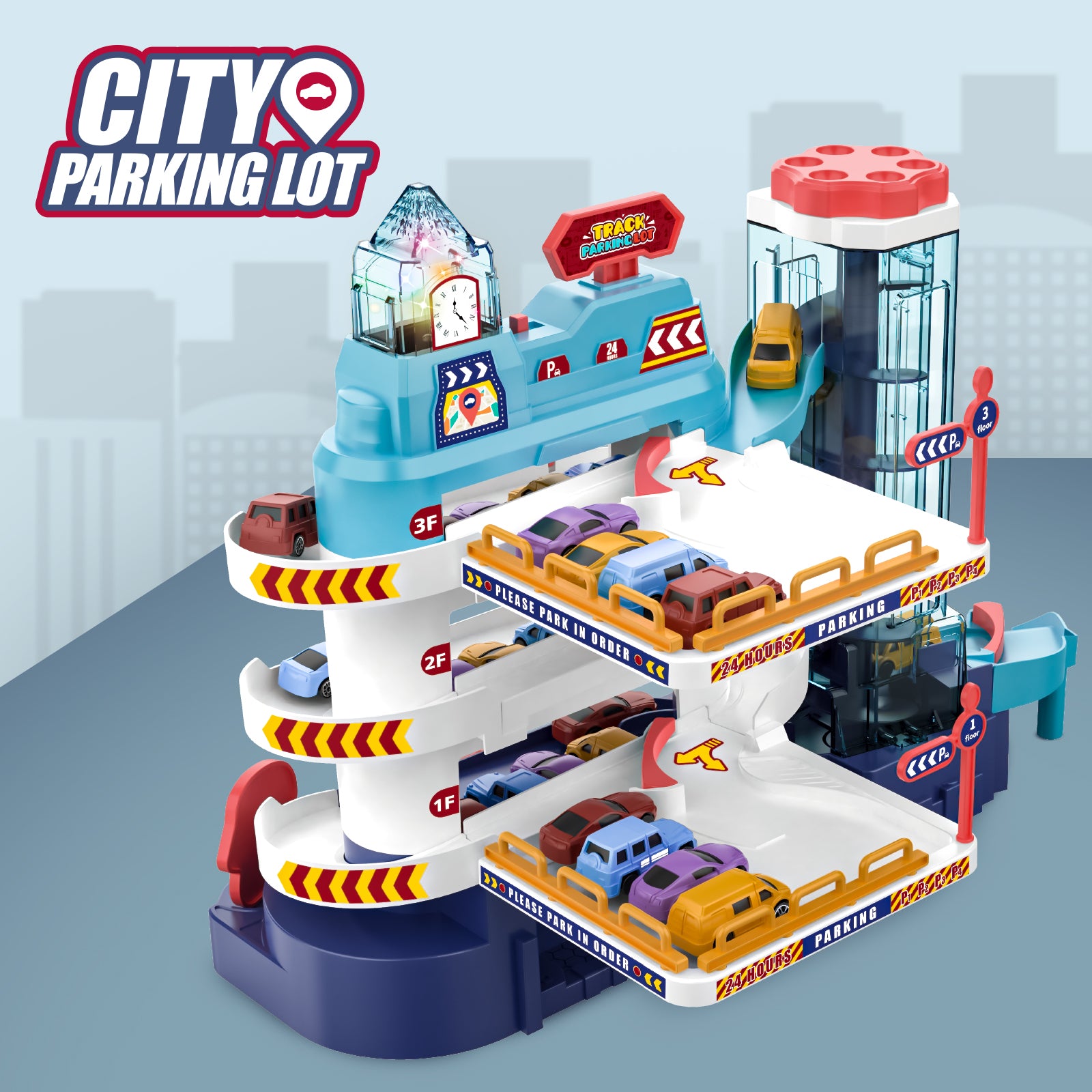 2-in-1 Garage Track Set with Elevator, 12 Mini Cars, Music & Lights ...