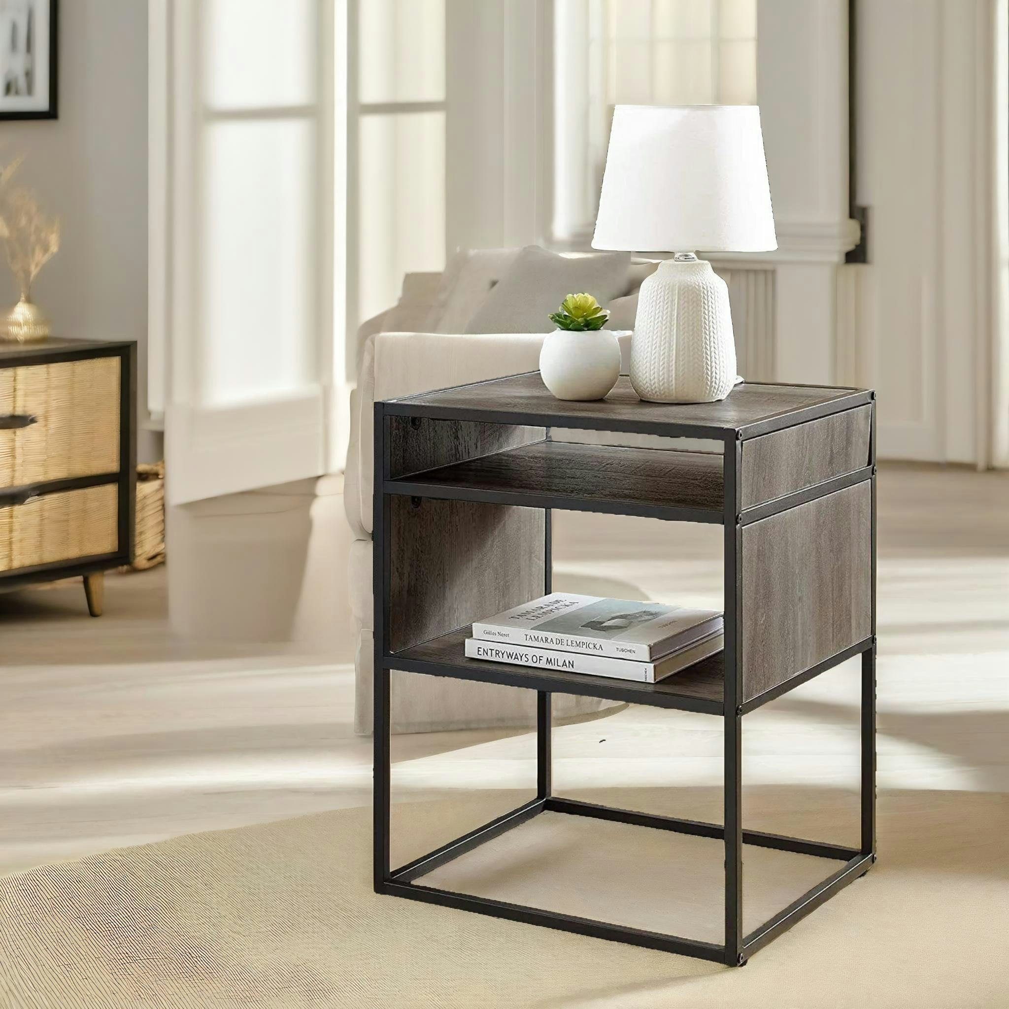 Industrial Square Side Table With Open Storage Grey Walnut | Grey ...