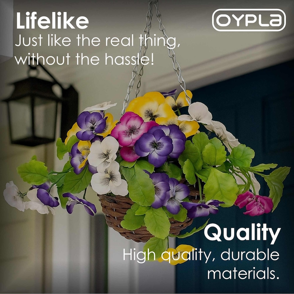 Artificial Hanging Wicker Basket with Multicoloured Pansy Flowers ...