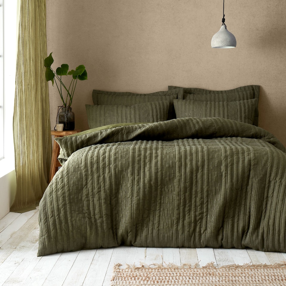 Tamba Jersey Stripe Quilted Duvet Cover Set | Green | Olive Green ...