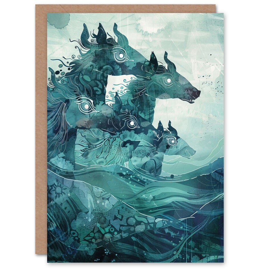 Mythical Sea Kelpies Riding Waves Artwork Blue Birthday Card - Tesco ...