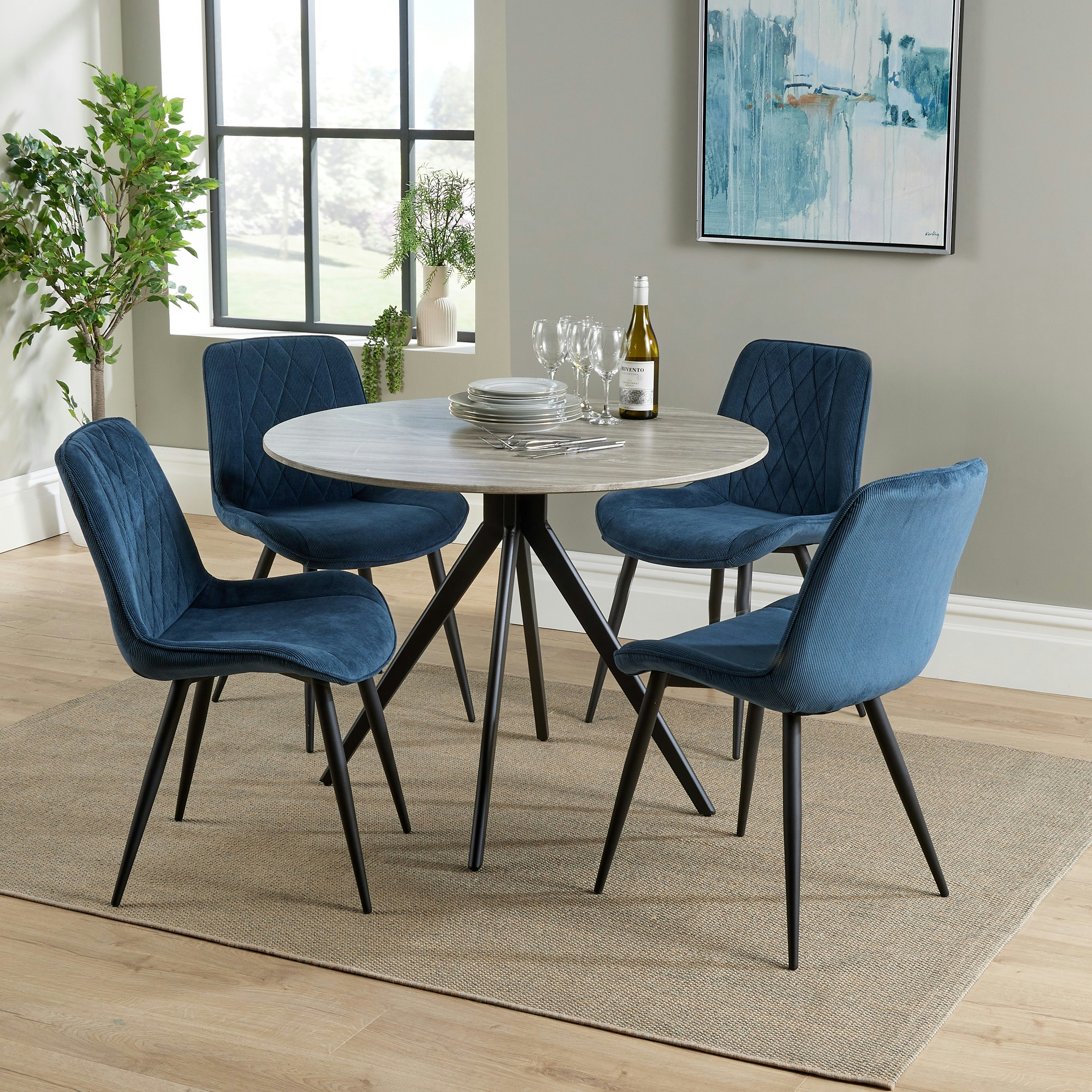 Aspen Grey Oak Effect 100cm Round Dining Table with 4 Diamond Stitch ...