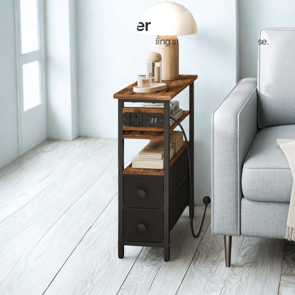 Industrial Slim Side End Table With Charging Station and Drawers ...