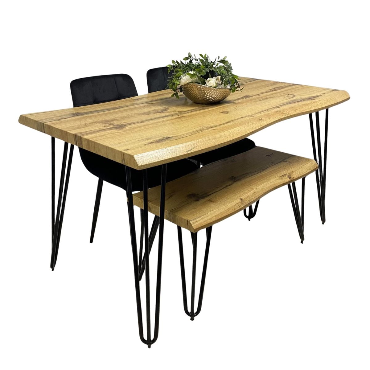 Brown Wooden Dining Table with 2 Black Chairs and Bench - Dining ...