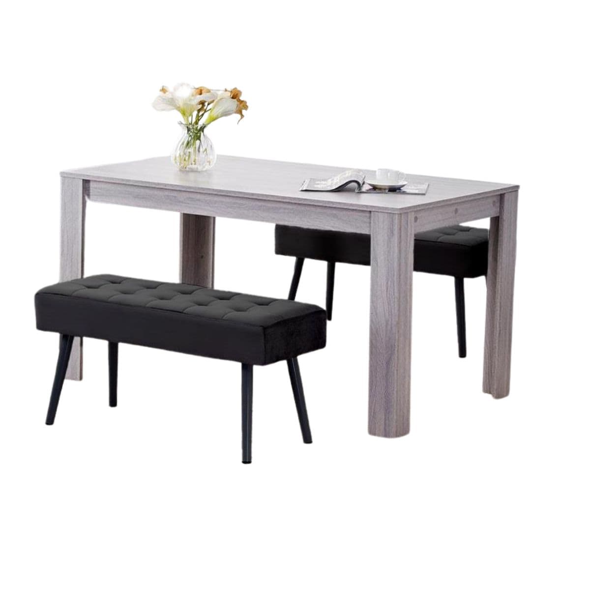 Dining Table and 2 Black Velvet Benches Wood Table Dining Set Furniture ...