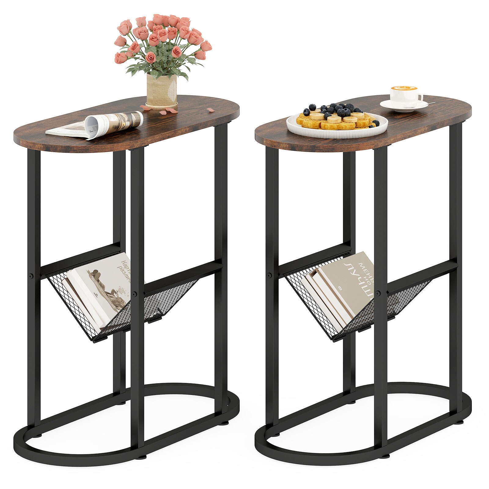 COSTWAY 2 Tier Oval End Table Narrow Side Table Set of 2 Magazine ...