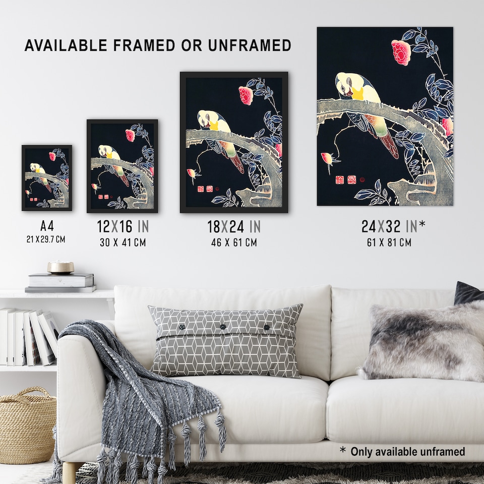 Parrot Rose Flower Bush Japanese Vintage Wall Art Print Jakuchu 18x24 ...