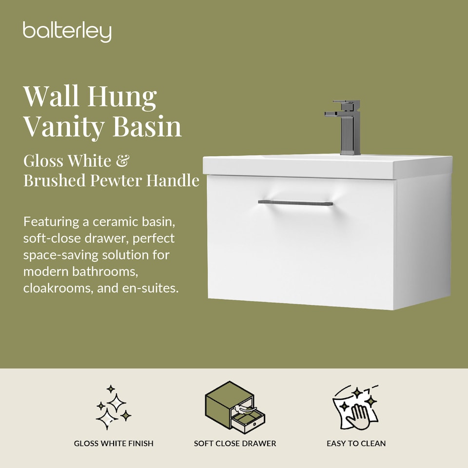 Balterley Wall Hung Bathroom 1 Drawer Vanity Unit and 1 Tap Hole ...