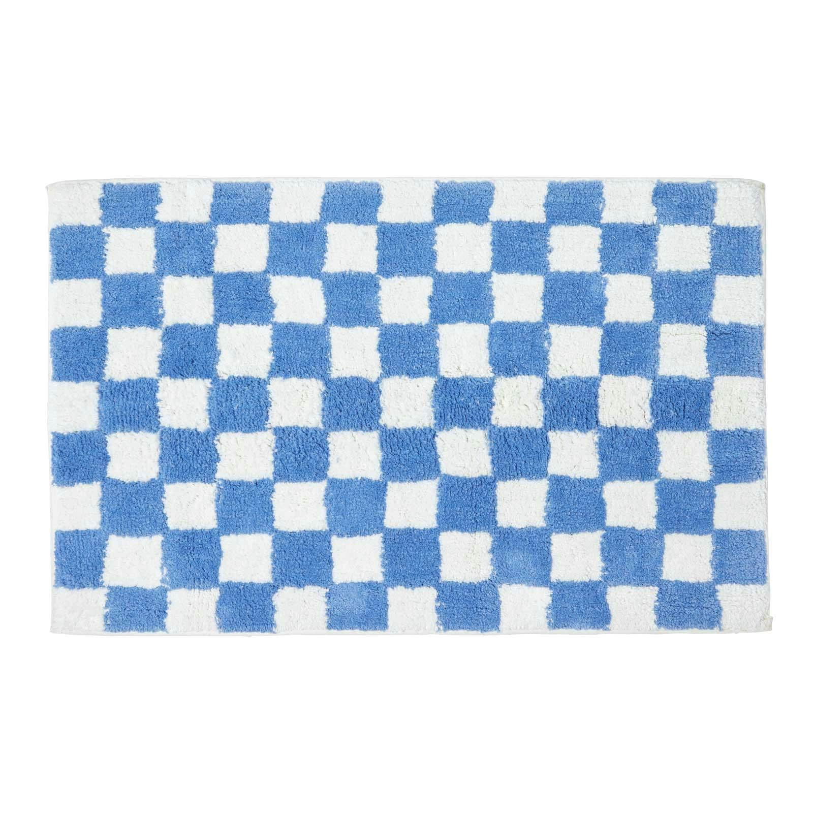 Homescapes Blue & White Check Cotton Non Slip Bath Mat | Blue | 50 x 80 ...