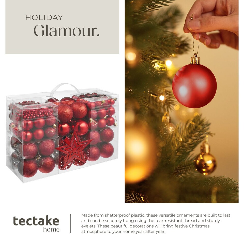 Christmas Decorations - 84 red baubles, string of beads, star tree ...