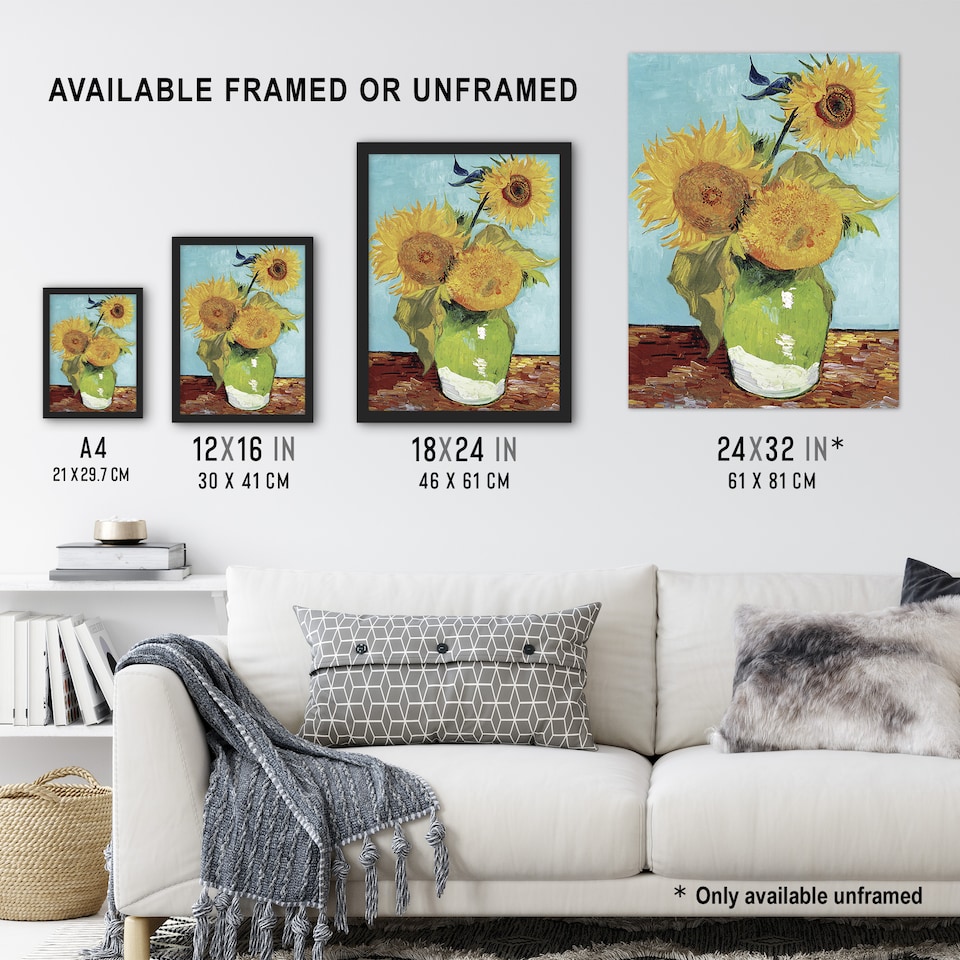 Vase with Three Sunflowers Van Gogh Vintage Framed Wall Art Print 12X16 ...