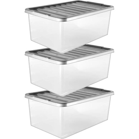 3 x 32 Litre Underbed Plastic Storage Containers Clear Boxes With ...