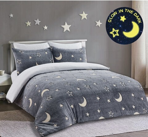 Homes Linen Glow In The Dark Moons & Stars Duvet Cover Set Grey Kids ...