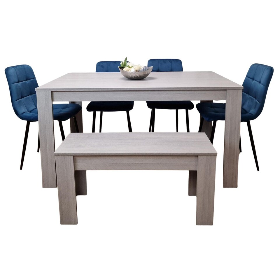 Modern Grey Rectangle Dining Table Set With 4 Blue Velvet Chairs And 1 ...