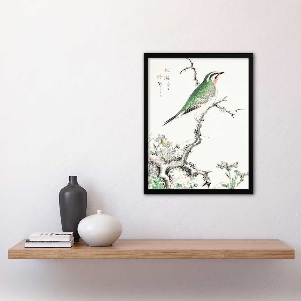 Ruby Throat Bird and Wild Camomile Vintage Framed Wall Art Print Kashu ...