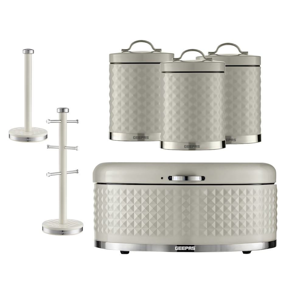 GEEPAS 6 Pc Tea Coffee Sugar Canister, Bread Bin, Mug Tree & Towel Pole ...
