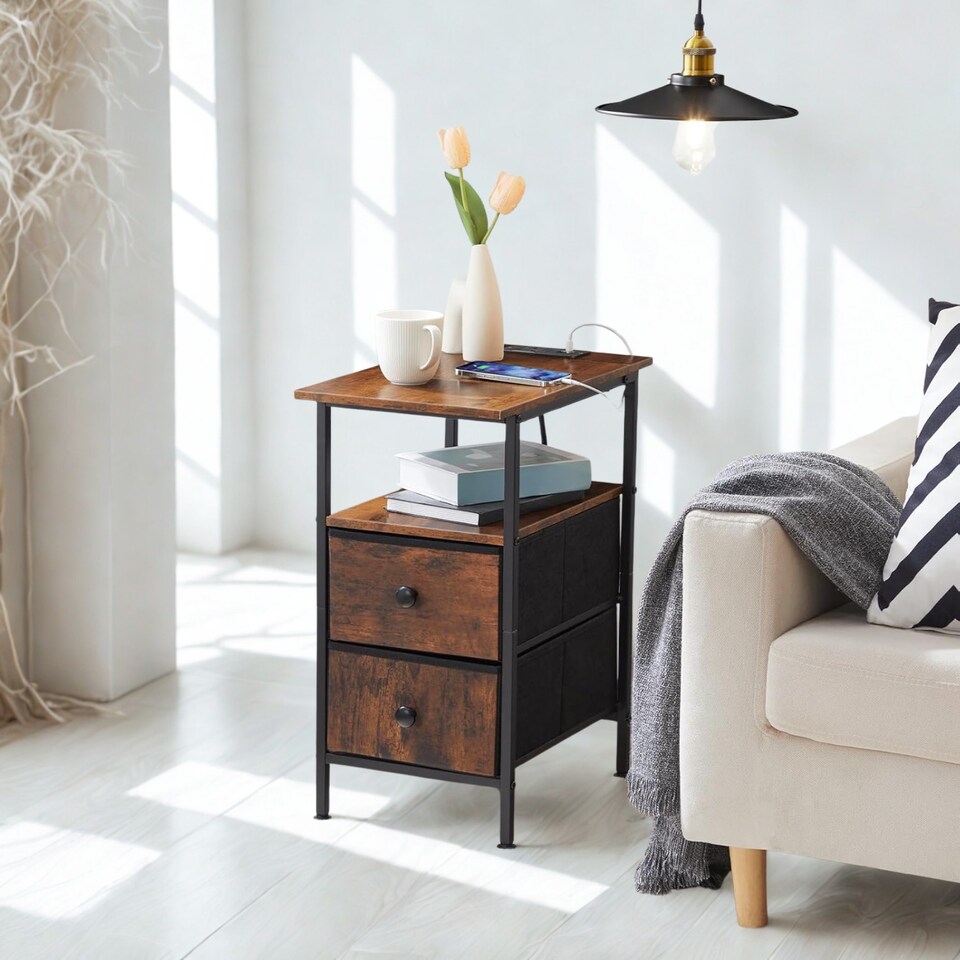 Industrial Nightstand Side End Table With Charging Station and Drawers ...