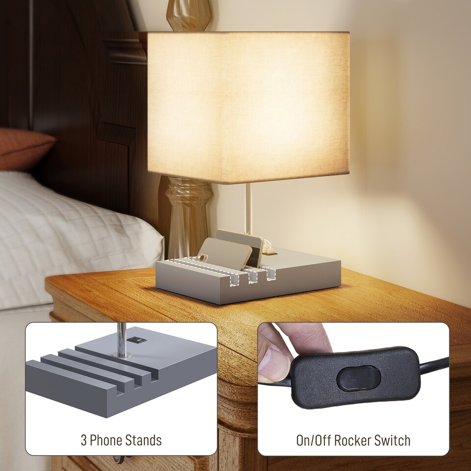 HOMCOM Bedside Lamp with USB A C Charging Ports and 3 Phone Stands ...