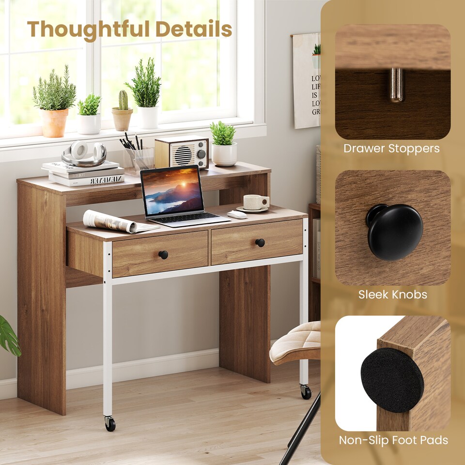 COSTWAY Extendable Computer Desk with 2 Drawers Yellow - Tesco Groceries