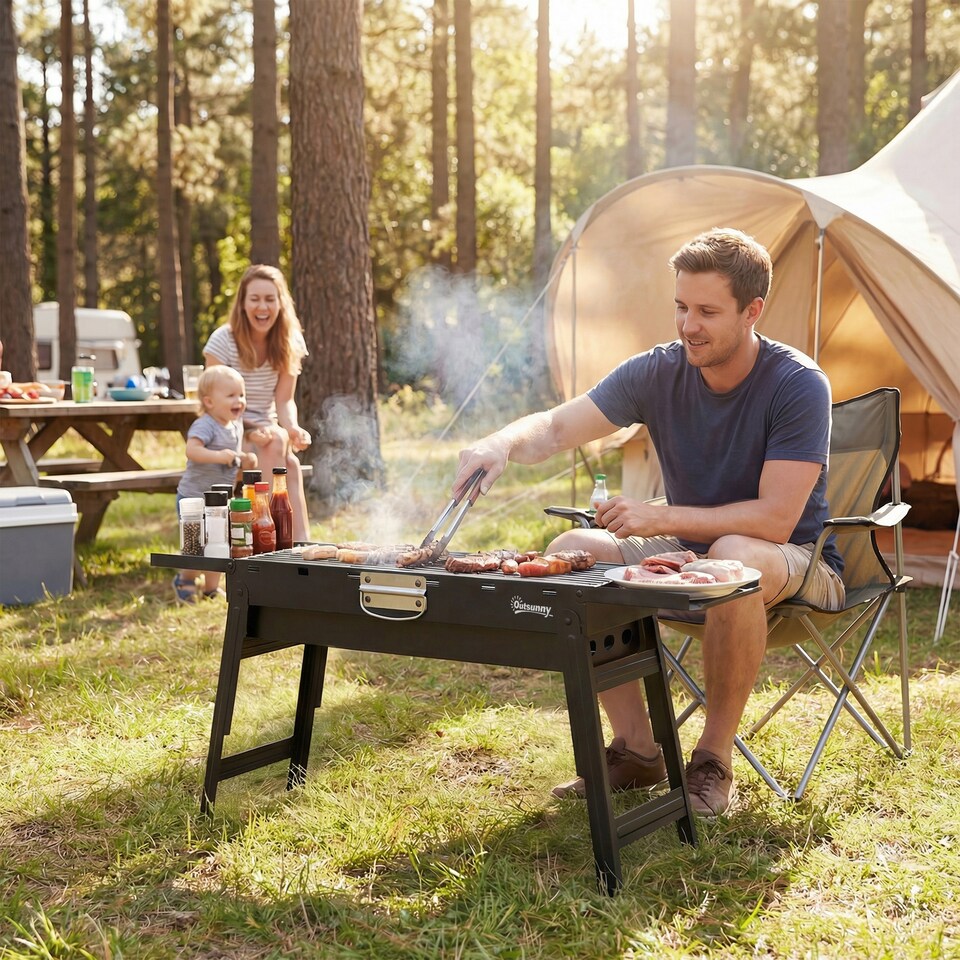 Outsunny BBQ Grill, Charcoal Barbecue with 2 Side Shelves and Handle ...