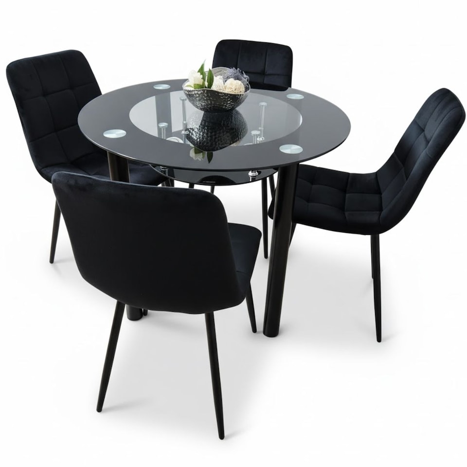 Round Black Glass Dining Table Set with 4 Black Velvet Chairs Modern ...