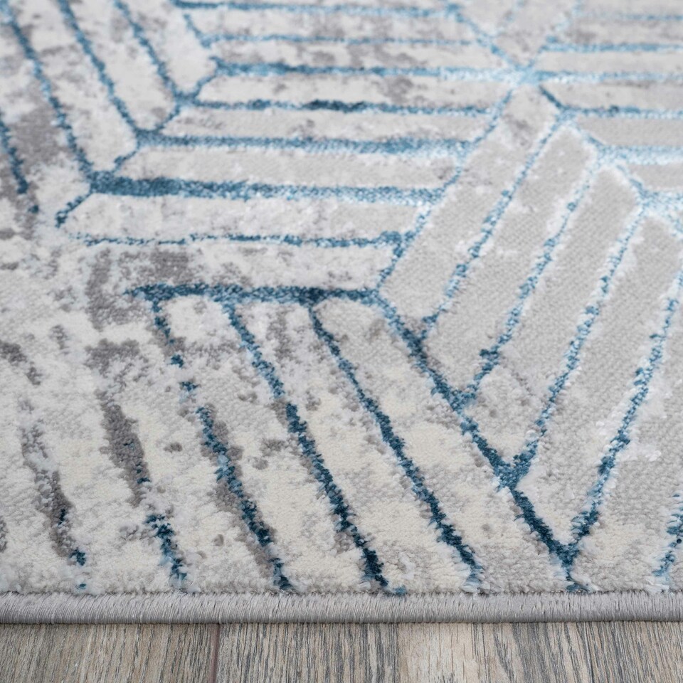 KUKOON Blue Grey Distressed Abstract Geometric Area Rug 160cm x 230cm ...