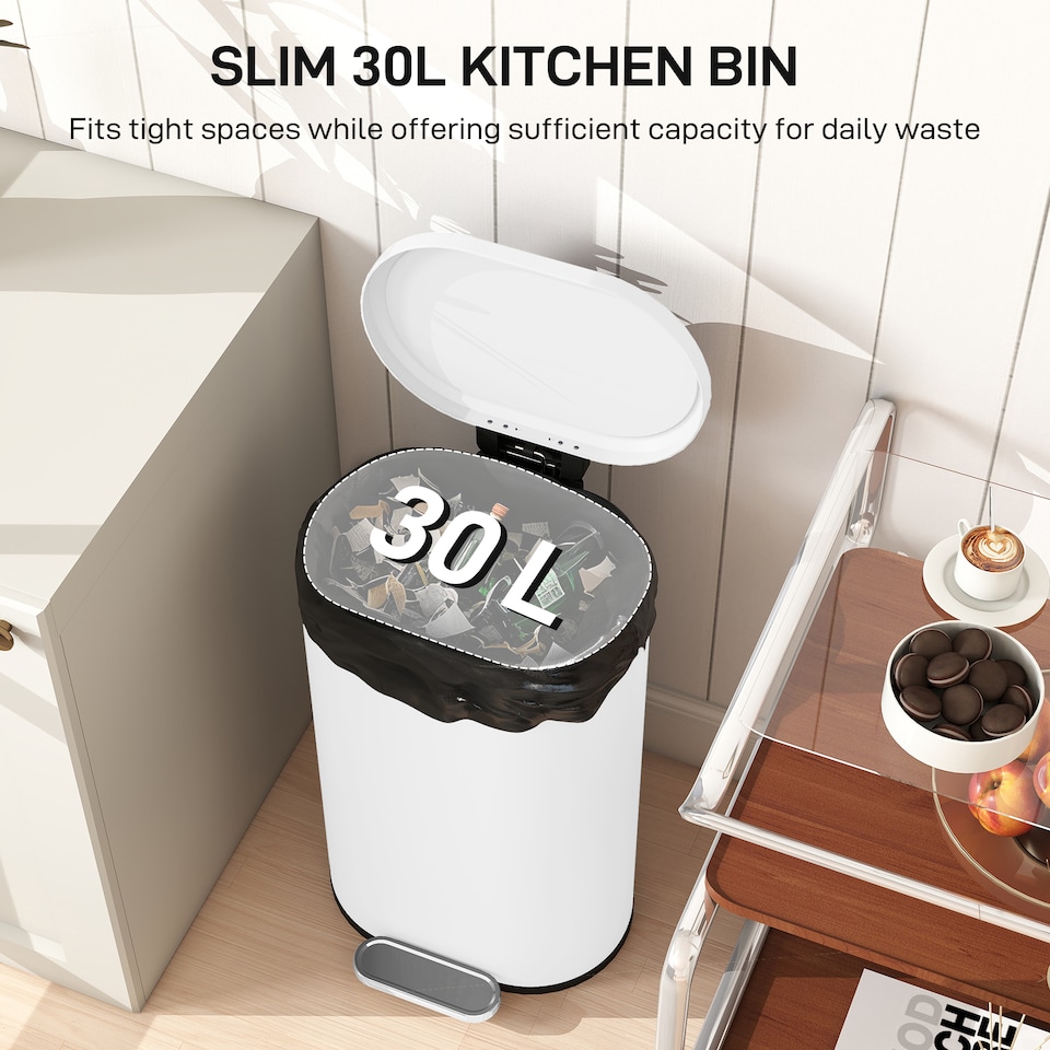 HOMCOM 30L Kitchen Bin with 90 Stay-Open Lid, Slim Rectangular Pedal ...