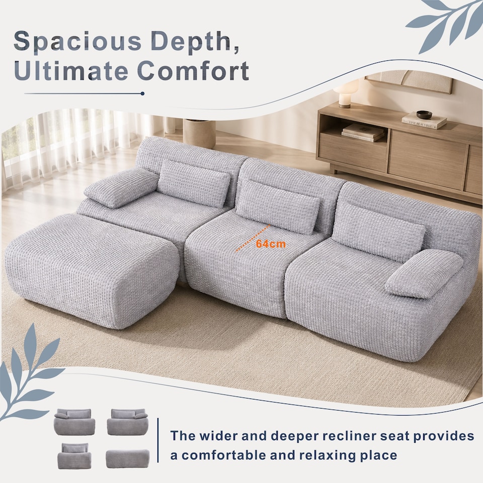 Modular Corduroy Fabric Sofa Set with Ottoman, Curved Seat Design ...