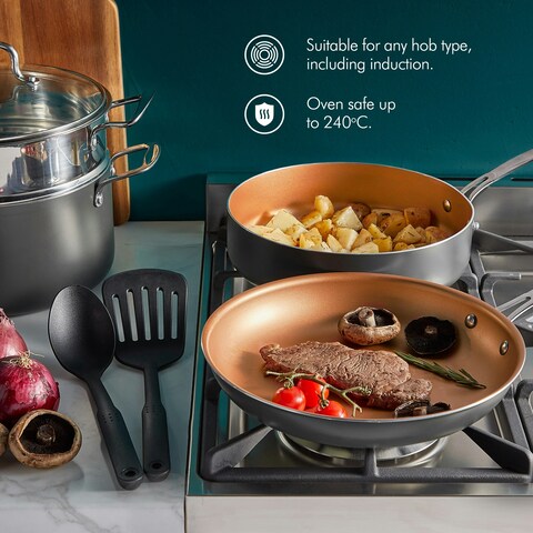 VonShef 11Pc Pot & Pan Set, Induction Safe Aluminium, Black & Copper ...