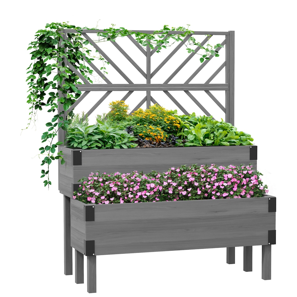 Outsunny 2-Tier Raised Garden Bed with Trellis, Wooden Elevated Planter ...