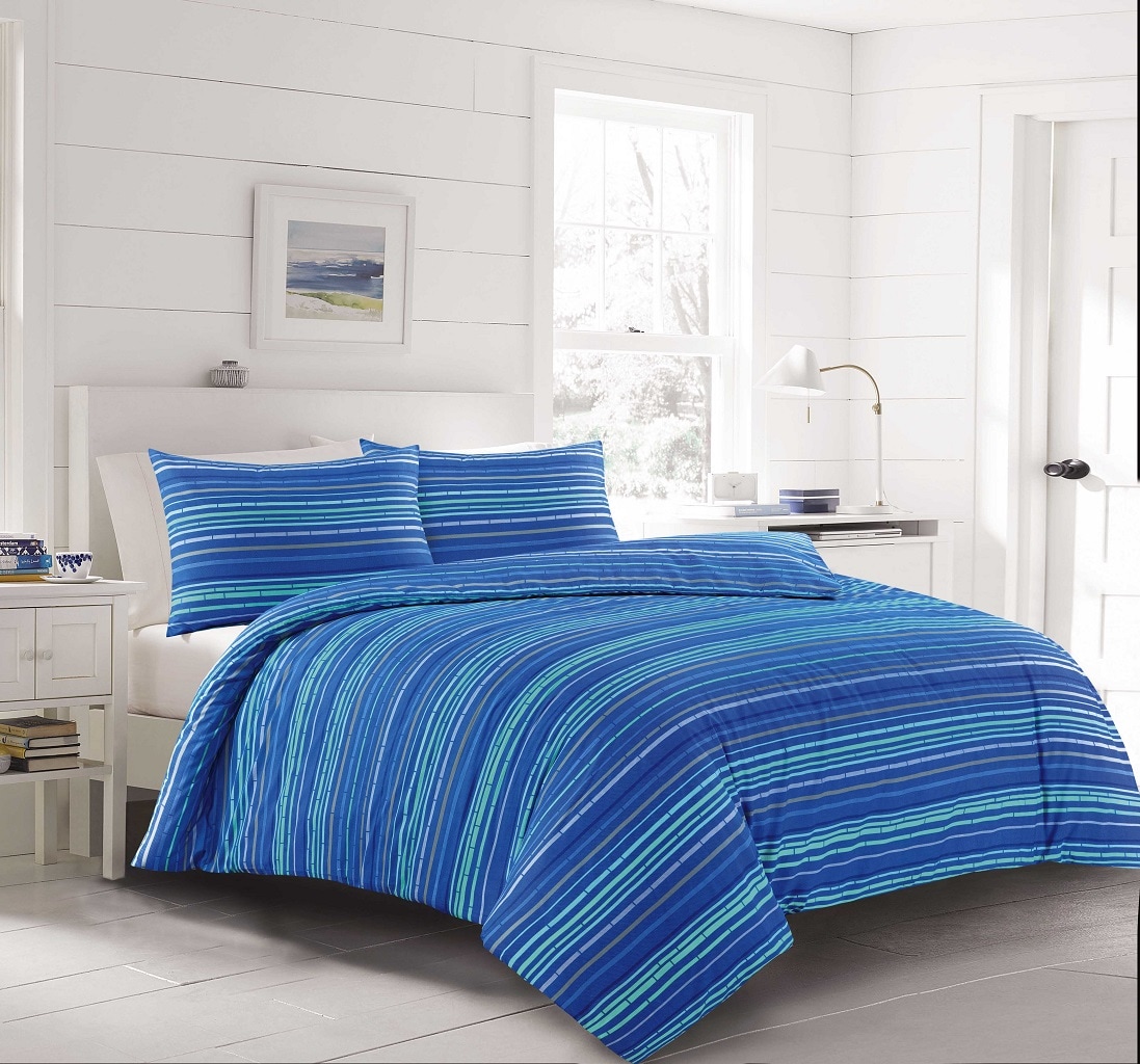 Homes Linen Duvet Cover Set Blue Leon Stripe Lines Printed Easy Care ...
