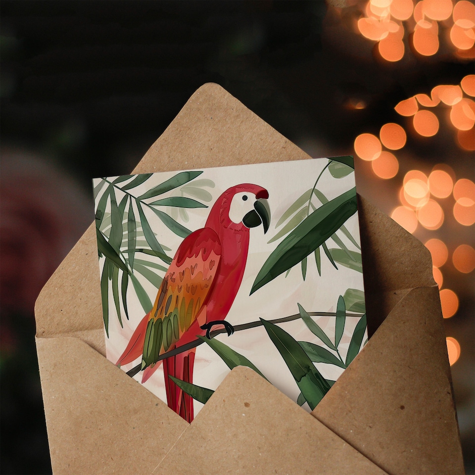 Greeting Card Scarlet Macaw Parrot on Tropical Tree Branch Birthday ...